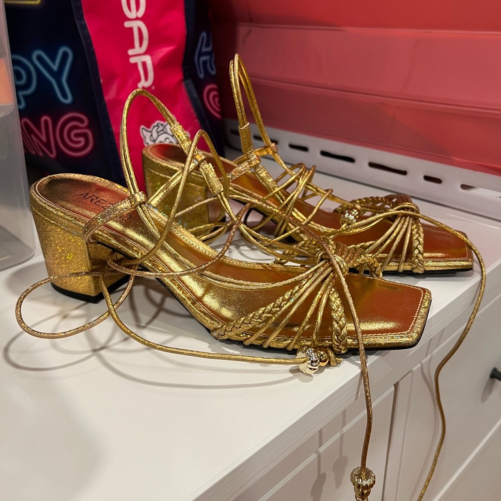 Arezzo Gold Metallic Block Heel Squared Toes - Gem